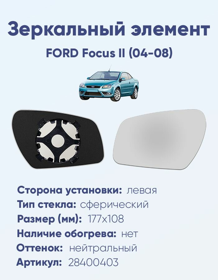 Зеркальный элемент левый FORD Focus II (04-08) сфера нейтральный без обогрева