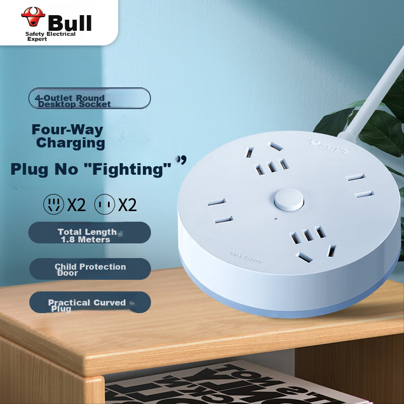 BULL Power Strip/Extension Cord/Surge Protector, Round 4-Outlet with Master Switch, 1.8m Length, Sky Blue, GN-R2220