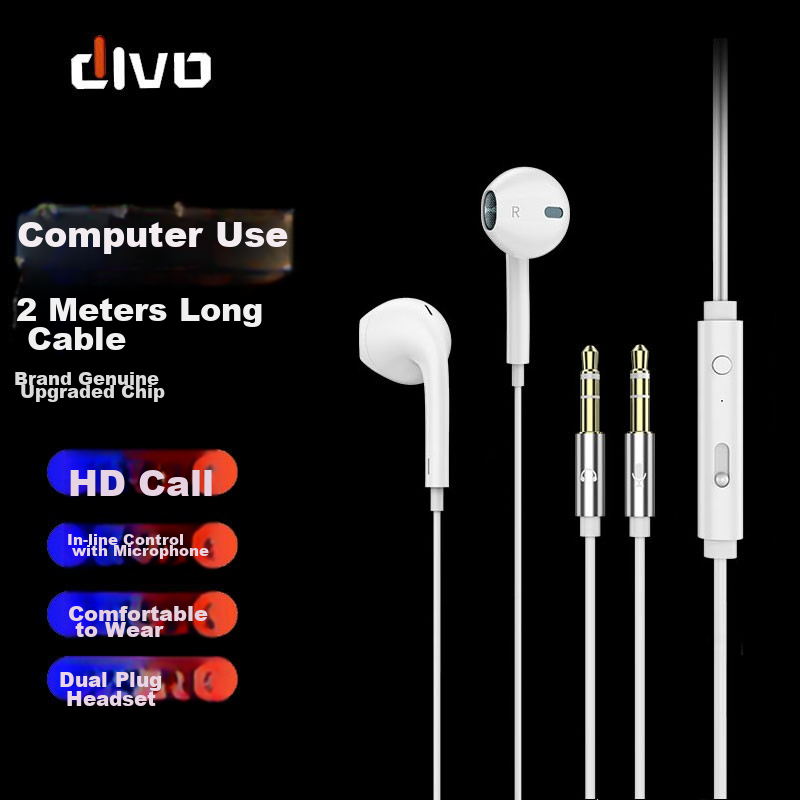 DIVO In-Ear Computer Headphones with Microphone, Dual-Port for Streamers, Live Streaming, YY Voice, CF Gaming, Desktop And Laptop, Dual-Plug Microphone, 2-Meter Long Cable, Headset with Microphone