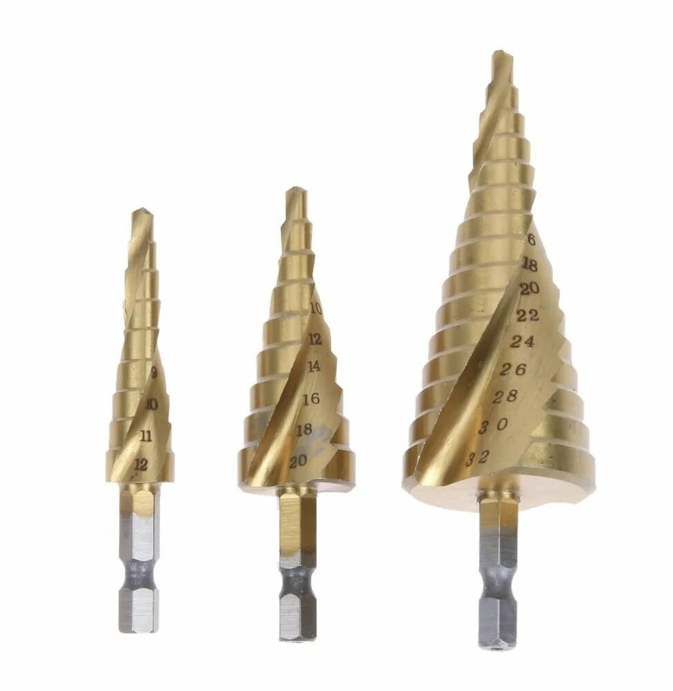 Набор спиральных ступенчатых сверл по металлу 4-32мм в чехле с титановым покрытием, в наборе 3шт