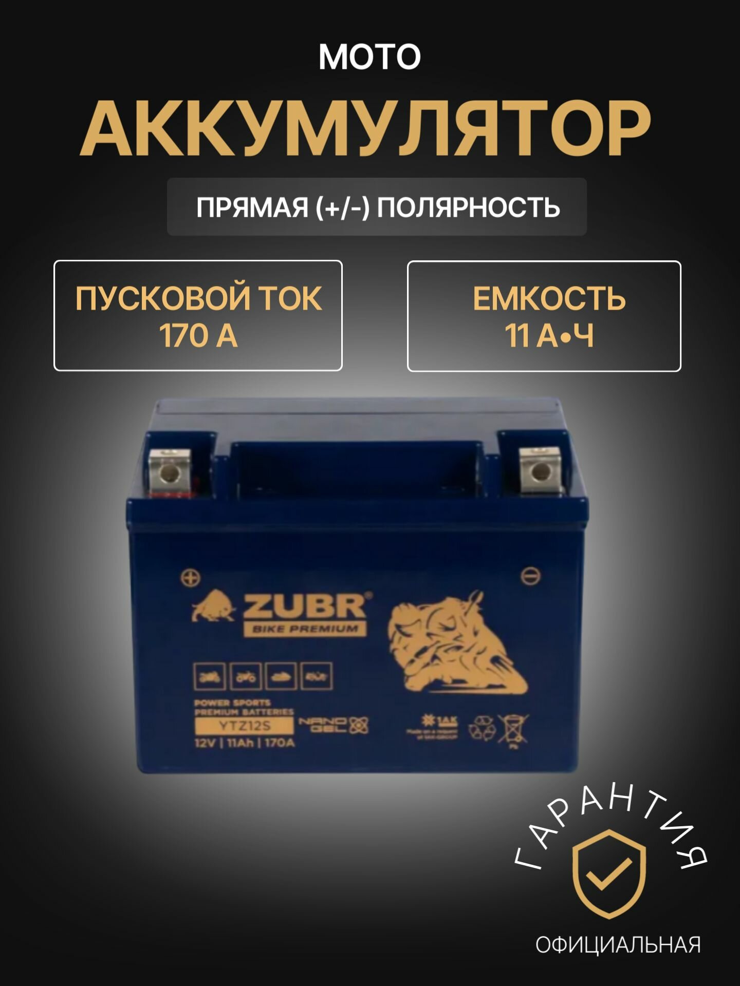 Аккумулятор для мототехники Zubr Bike Premium YTZ12S 12В 11Ач 170А, Прямая полярность