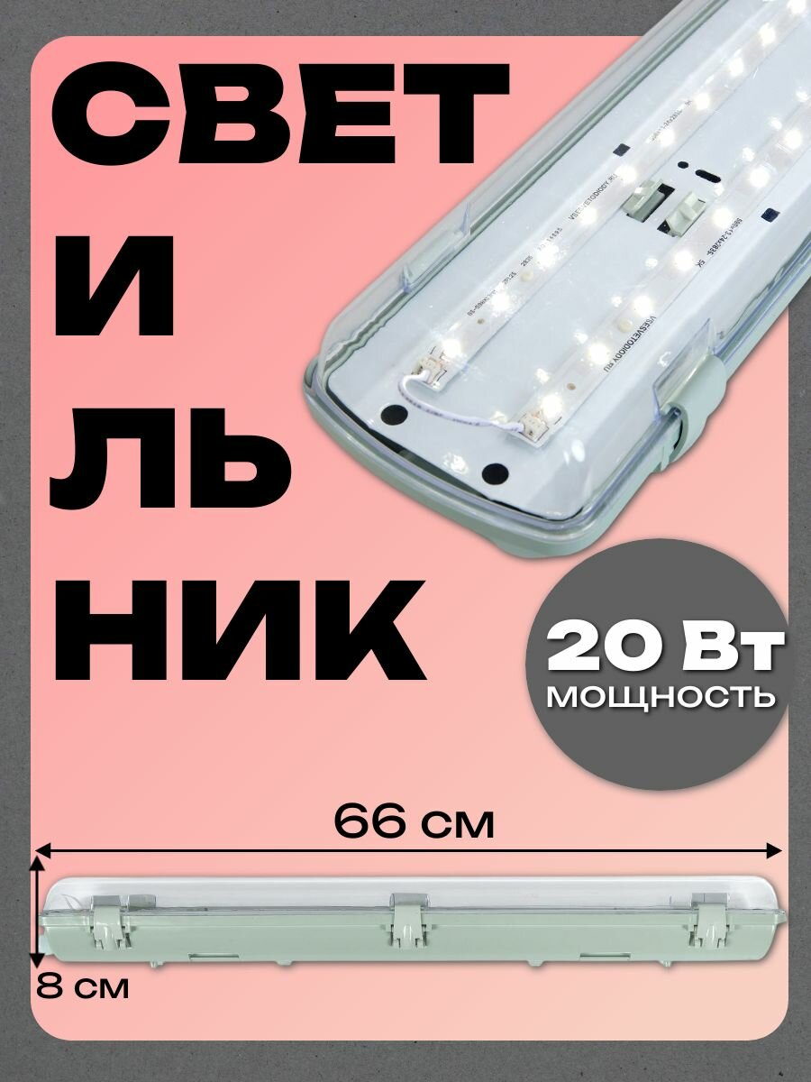 Светодиодный светильник линейный Aйcберг 20 Bт, 2500Lm, 5000К, IP65, компактный, накладной, настенный/потолочный