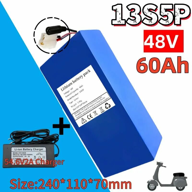 2025 Электрический велосипед высокой мощности 13S5P 48V 50ah 18650 Аккумулятор для скутера 1500 Вт + BMS Защита + Зарядное устройство