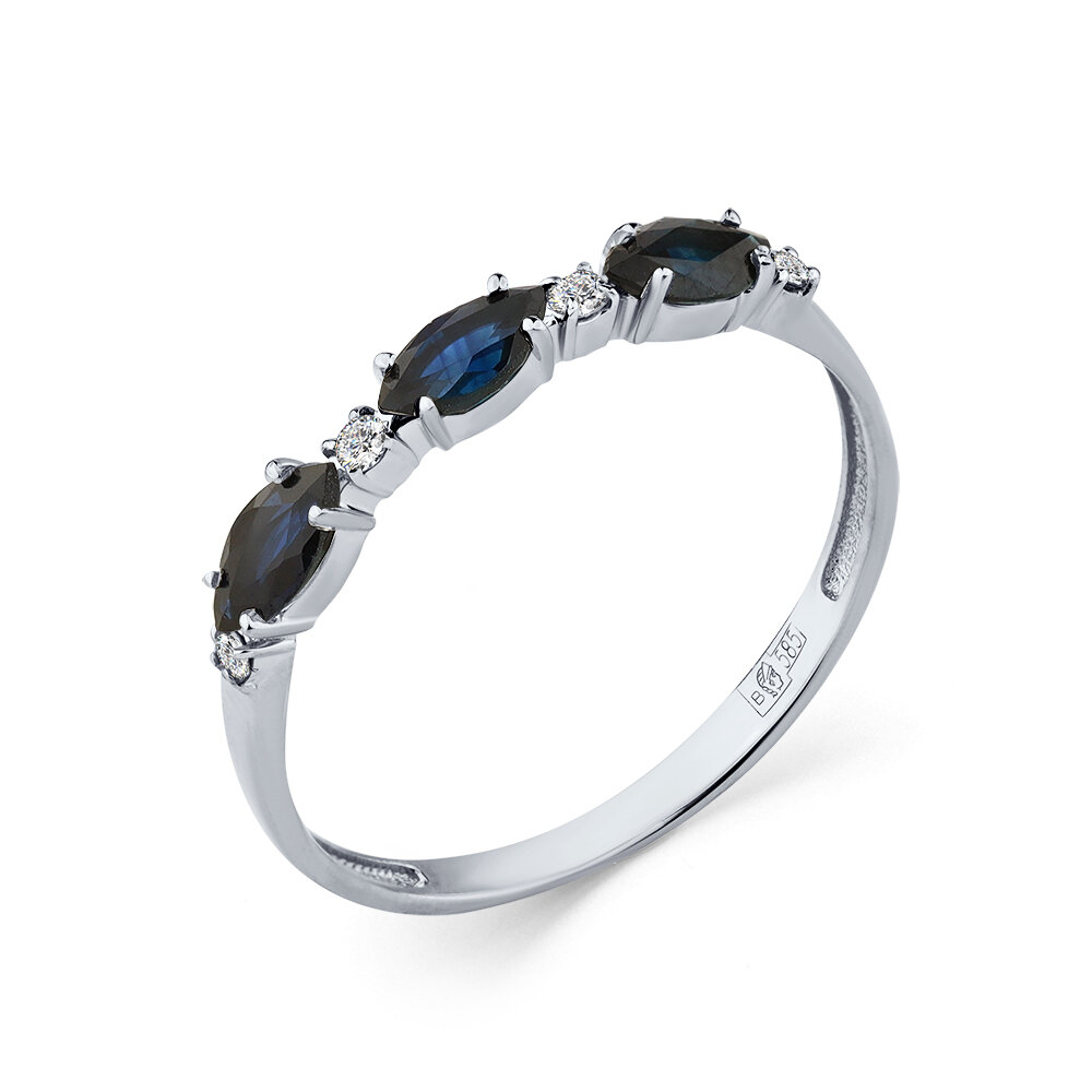 Кольцо, белое золото, 585 проба, родирование, бриллиант, сапфир