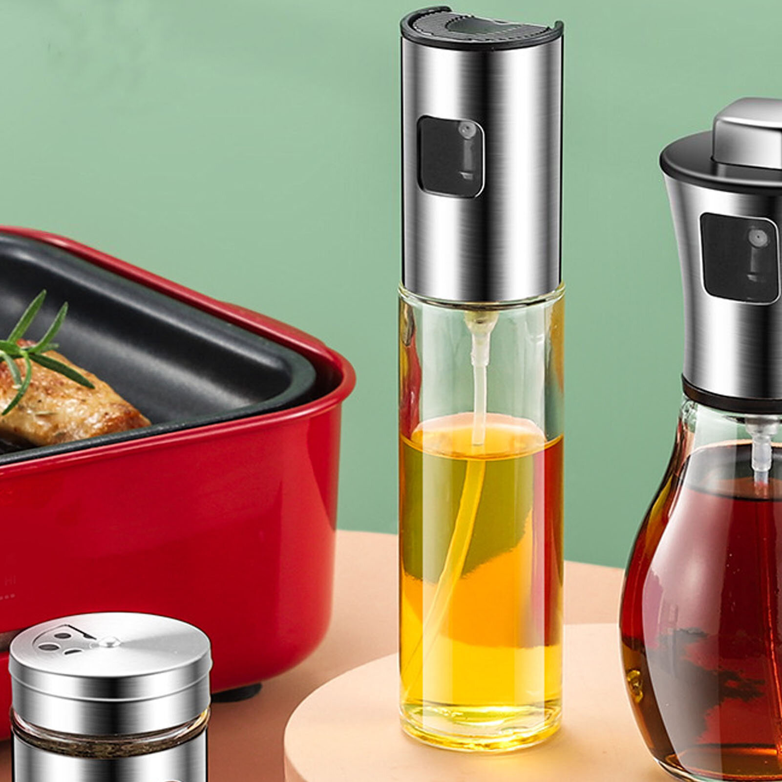 Бутылка-распылитель масла, серебряный прозрачный дизайн, нержавеющая сталь, стекло, легкая чистка, многоразовый распылитель растительного масла для кухни