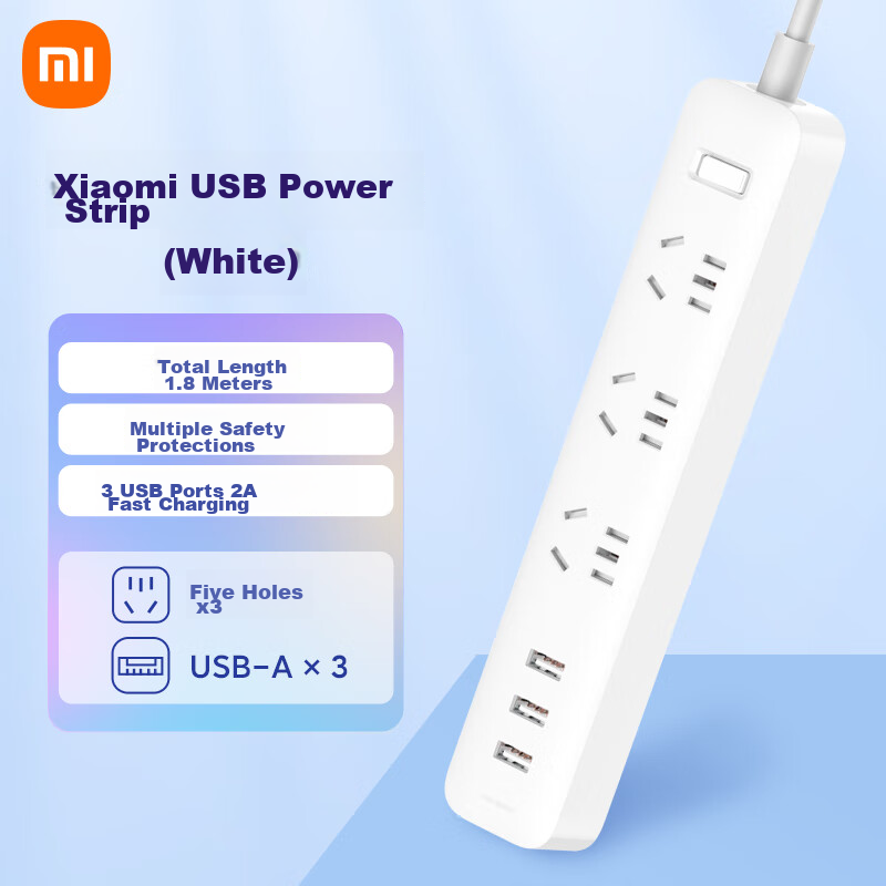 Xiaomi (MI) Mijia USB Power Strip/Extension Cord/Power Bar/Power Strip/3-Outlet Strip with 3 USB Ports, Master Switch, 1.8 Meters Long, White