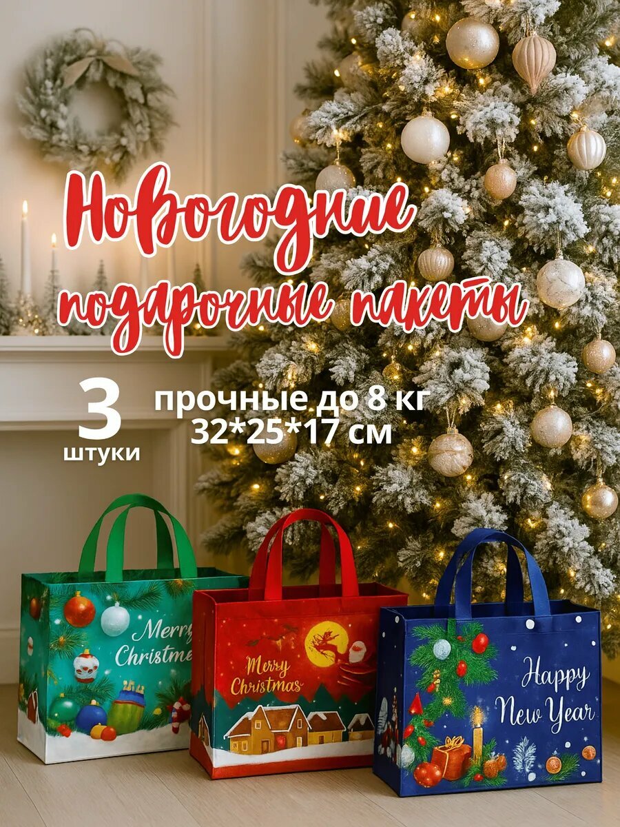 Подарочный пакет новогодний прочный набор 3 штуки