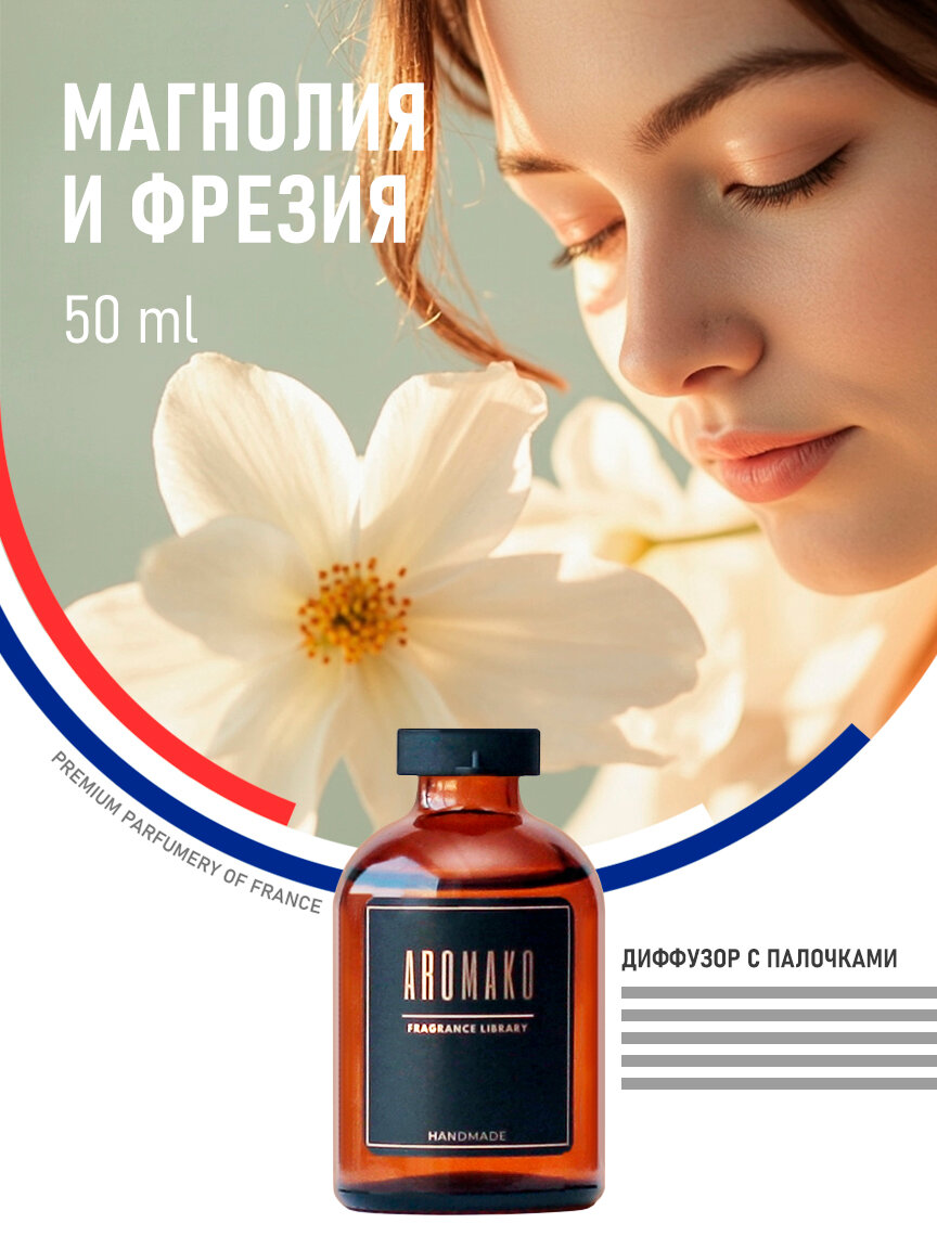 Ароматический диффузор с палочками Магнолия и Фрезия 50 мл AROMAKO, ароматизатор для дома и офиса, парфюм для дома