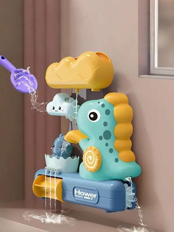Набор для ванны Динозавр с присосками, Вращающаяся водяная мельница и Облачный дождь, Развивающие игрушки для купания малышей 3+ лет, ABS пластик