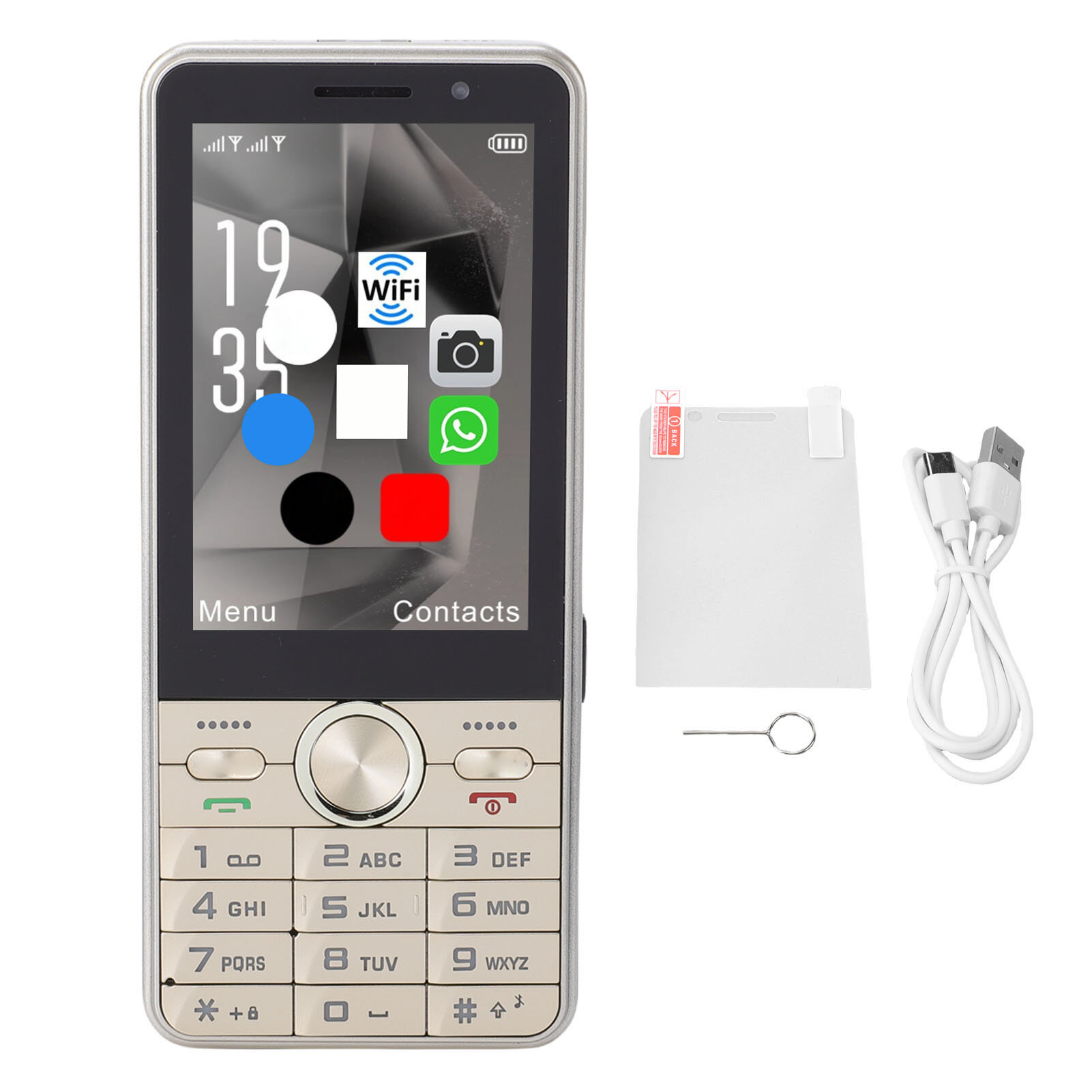 Разблокированный4G-телефон, поддержкадвухSIM-карт,3,5-дюймовыйцветнойсенсорныйэкран, громкийзвук, большиекнопки, цвет«Мобильныйзолотой».