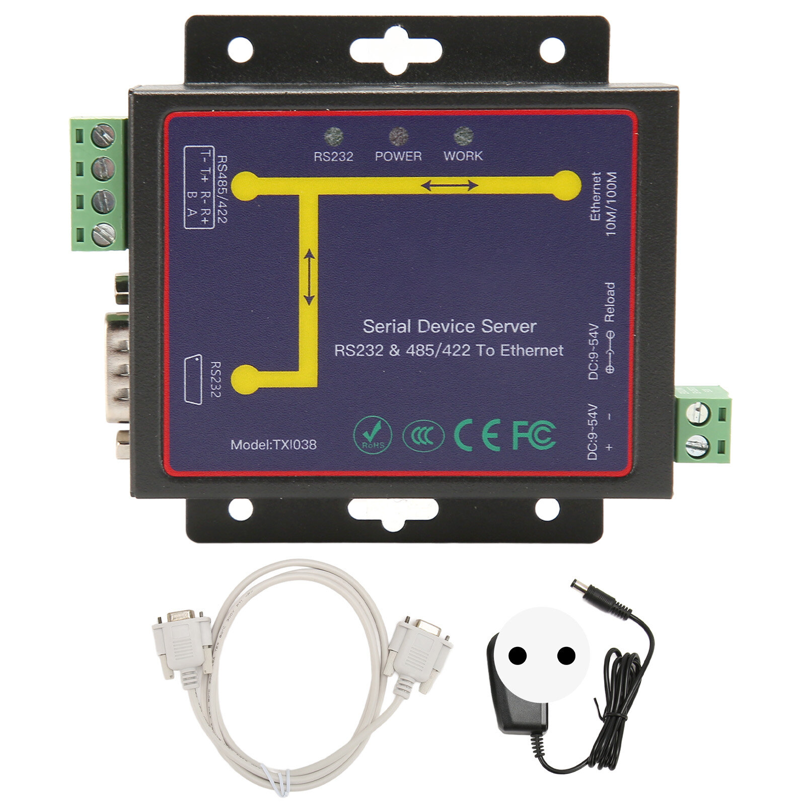 АдаптерпоследовательногопортаRS232RS485RS422вEthernet,10Мбит/с, портRJ45, скоростьпередачиданных300–230400бит/с, преобразовательTCP/IP-сервера, напряжение100–240В, вилкаевропейскогостандарта.