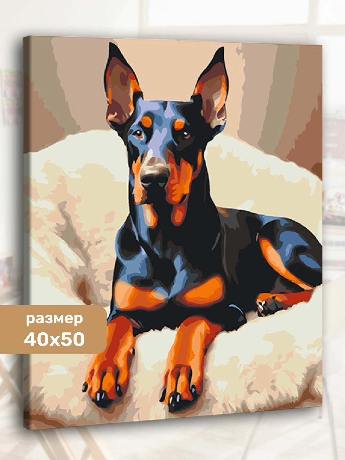 Картина по номерам, на холсте с подрамником 40х50, доберман черный с рыжим