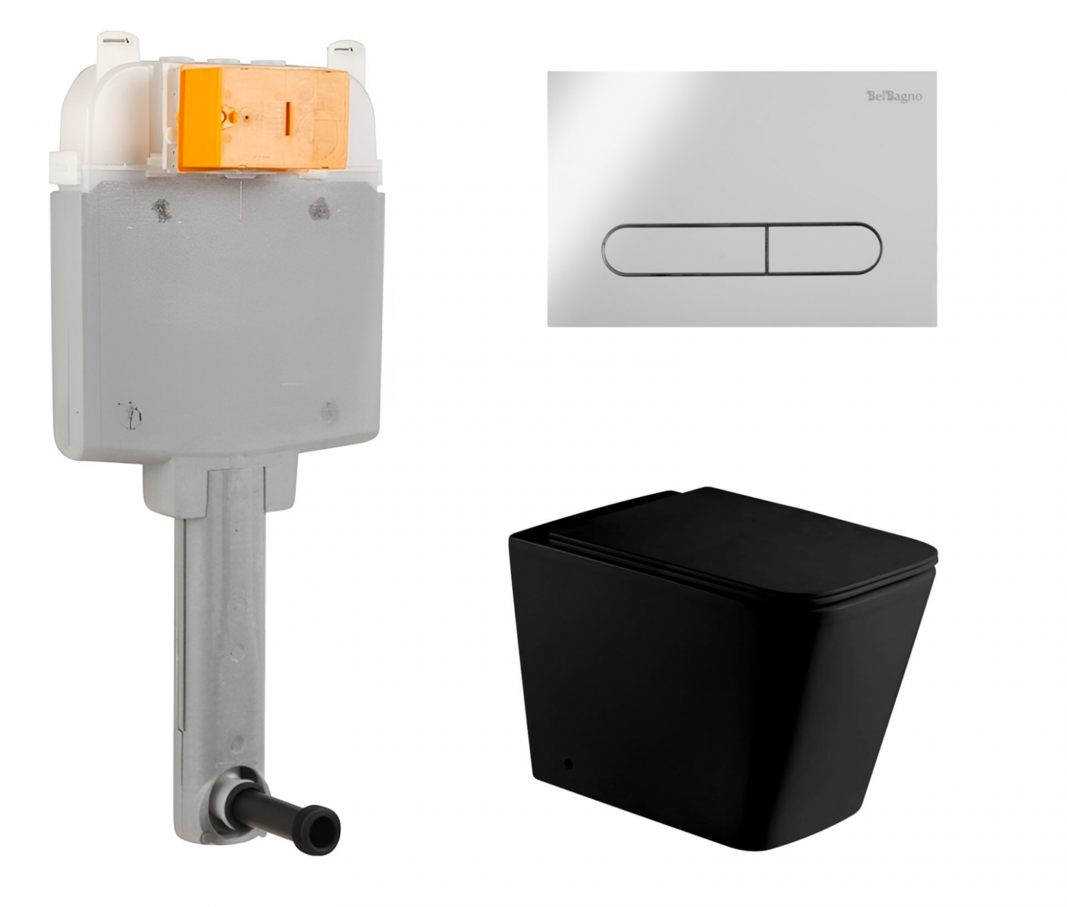 Комплект 3 в 1 смывной бачок скрытого монтажа BelBagno BB025-CS + Приставной унитаз WeltWasser Gelbach 002 MT-BL черный с кнопкой хром Prospero BB025-CS + 10000003698 + BB005-PR-CHROME