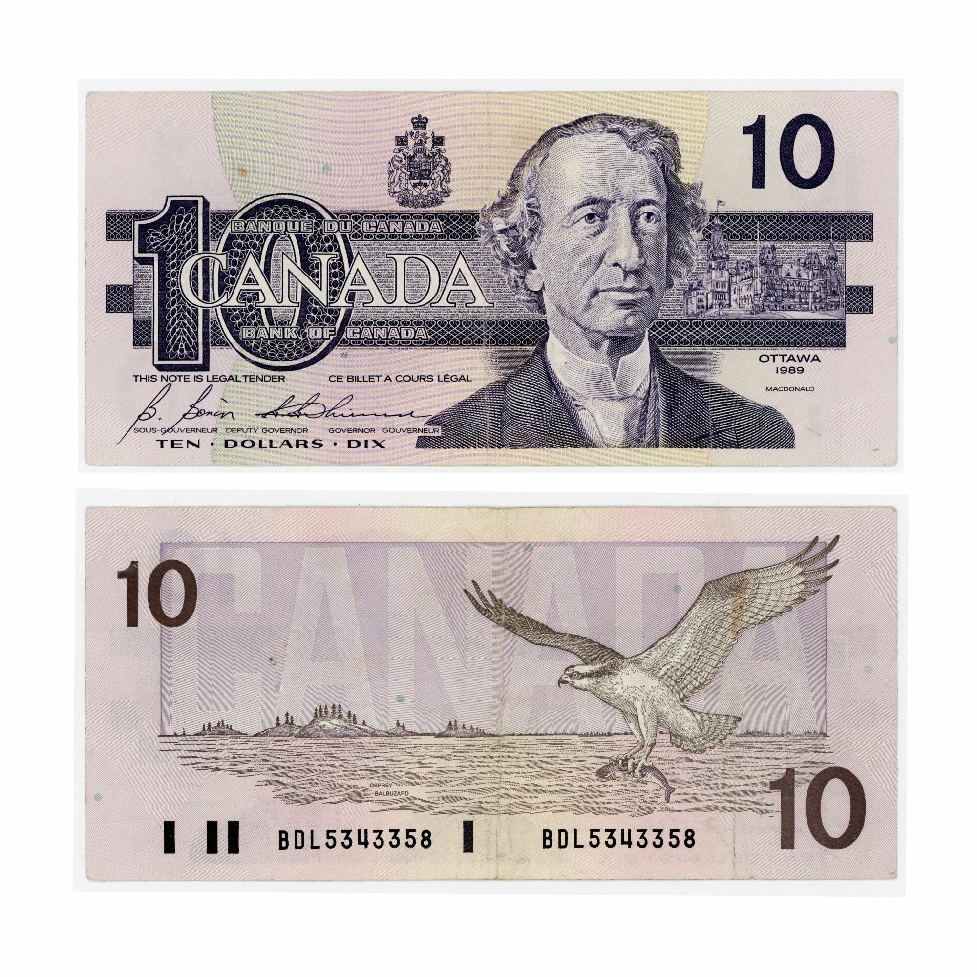 Банкнота Канада 10 долларов TEN DOLLARS DIX 1989 (VF-F) Pick 96