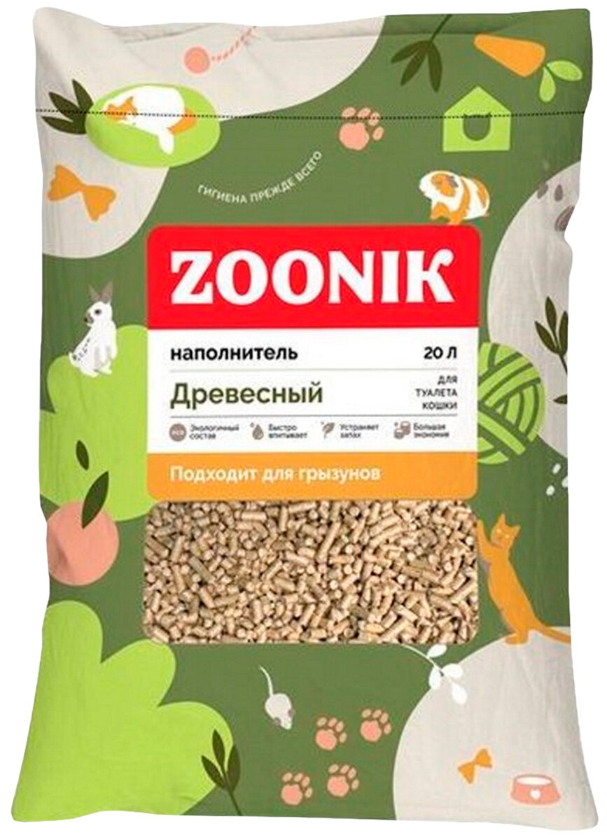 ZOONIK древесный - наполнитель древесный для туалета кошек (20 л)