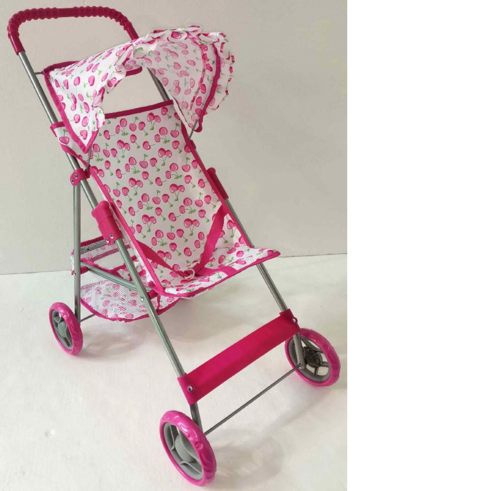 Коляска прогулочная для кукол белая с вишенками в пакете