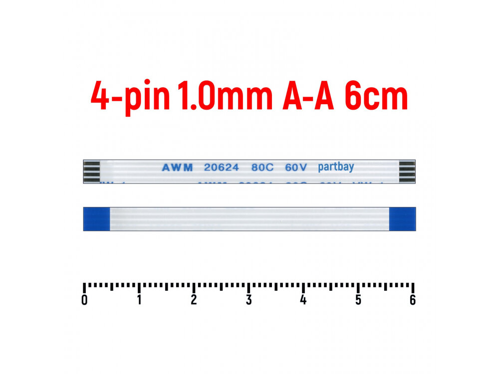 Шлейф FFC 4-pin Шаг 1.0mm Длина 6cm Прямой A-A AWM 20624 80C 60V VW-1