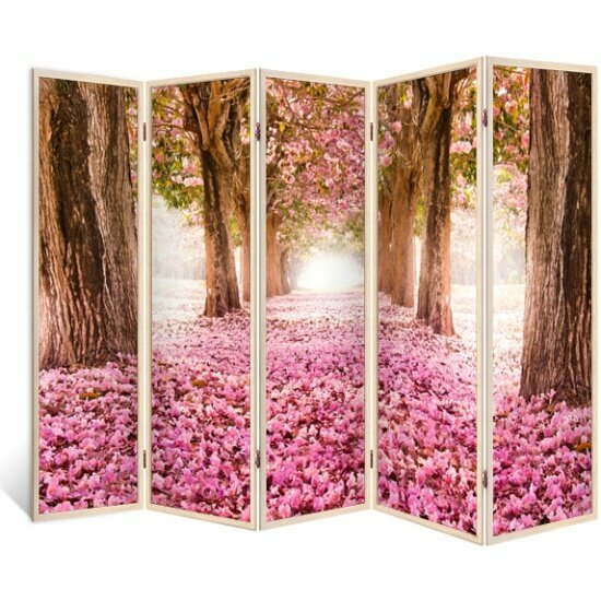 Ширма перегородка Декор Депо для комнаты деревянная "Дорога в рай" двухсторонняя с картинкой (природа) 5 створок кремовый дуб 176х230 см 18 кг