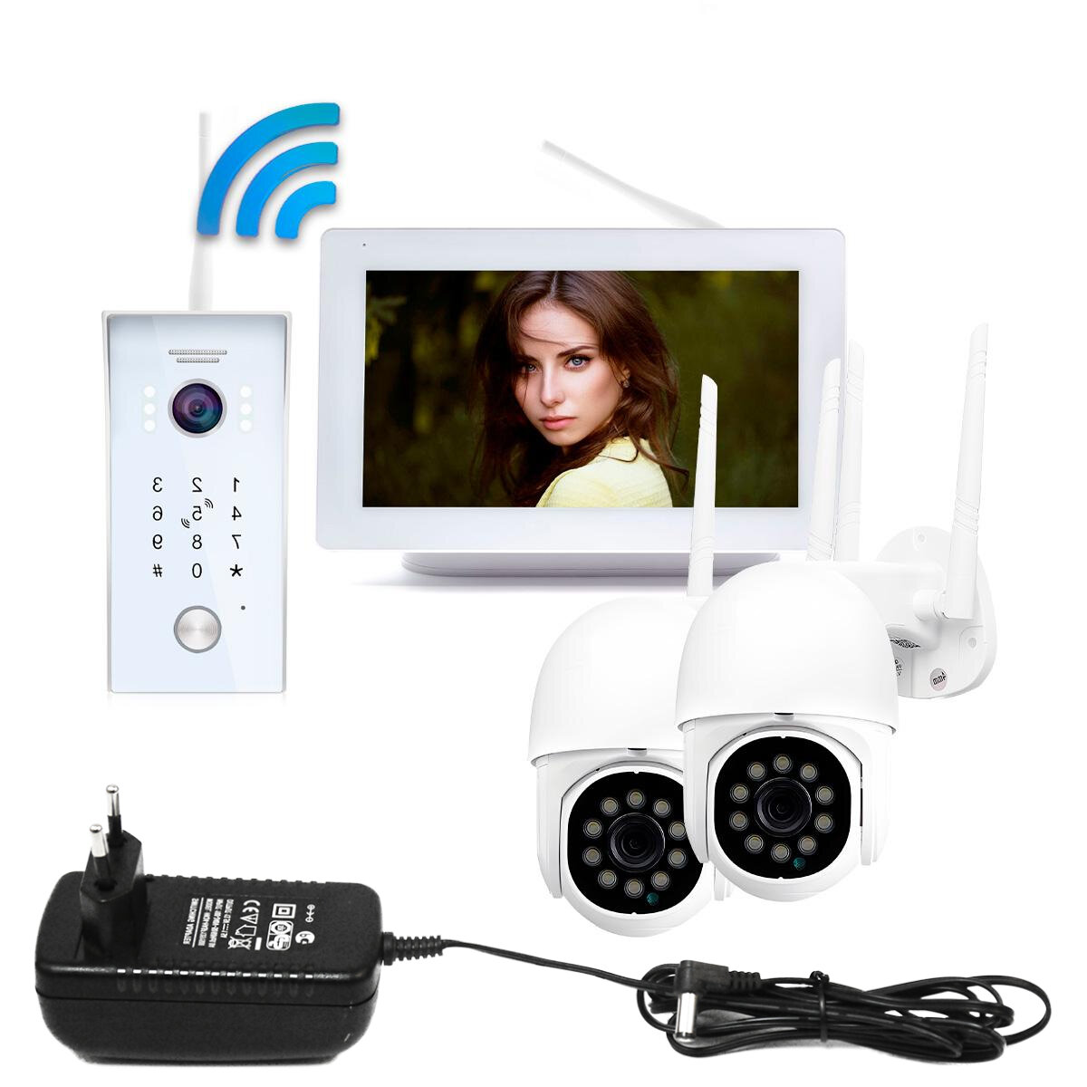 Комплект радиоканальный Wi-Fi HD видеодомофон + ДВЕ уличные 5mp поворотные WiFi IP камеры наблюдения Sky-Net 700-Tuya (1+2)-2.4G (C76791OK) и Wi-Fi