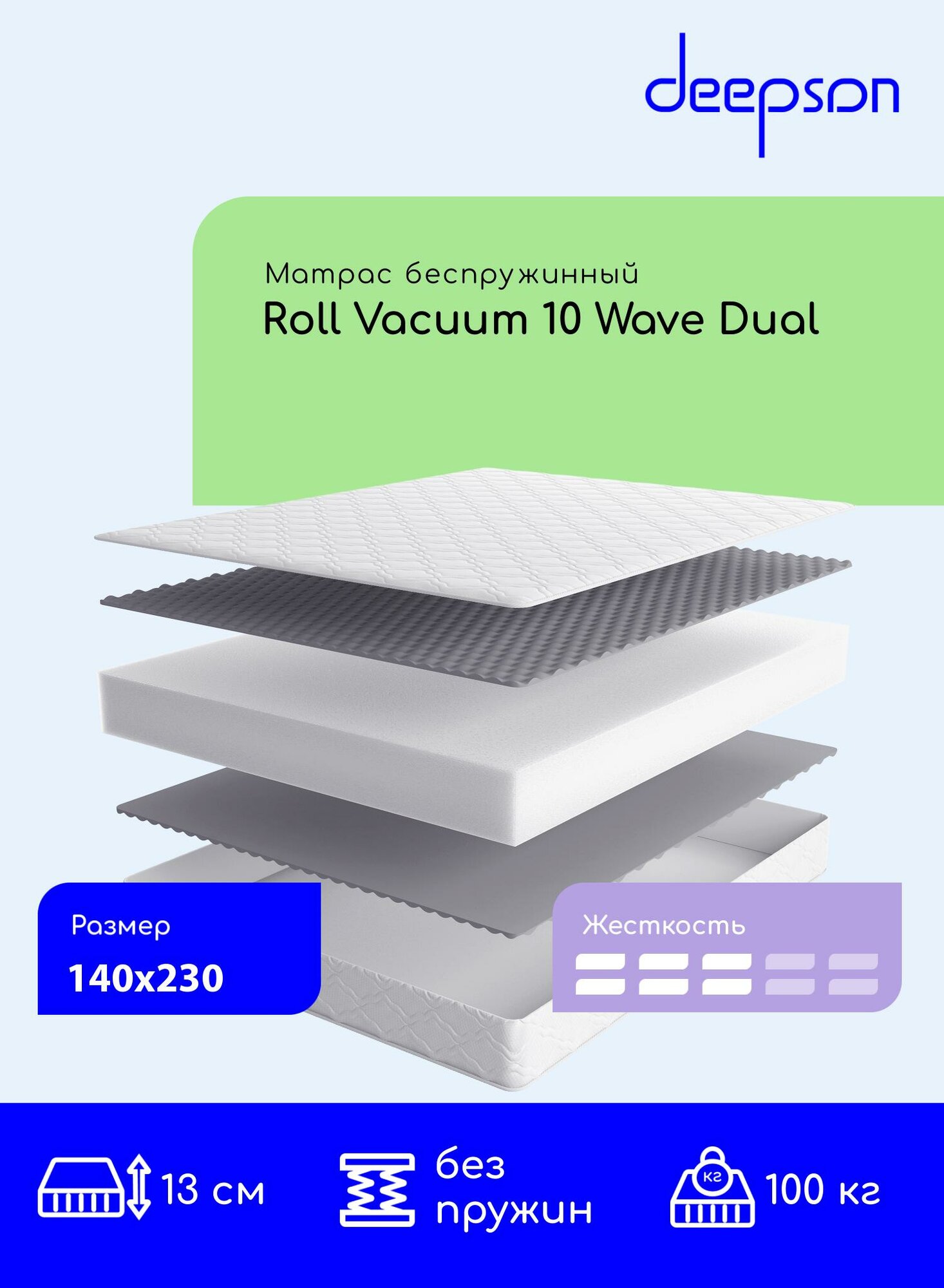 Матрас 140x230 ортопедический беспружинный Deepson Roll Vacuum 10 Wave Dual