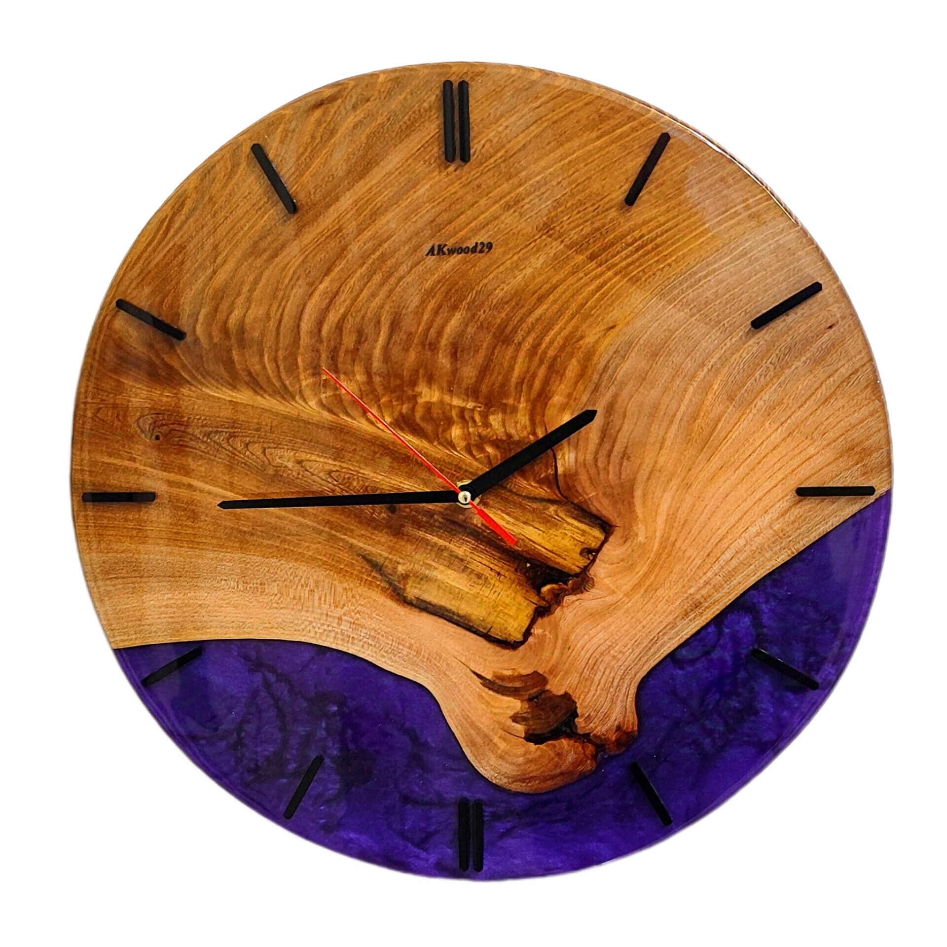 Часы настенные ручной работы из дерева и эпоксидной смолы "Вяз 24-10"