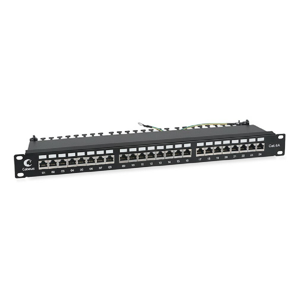 Cabeus Аксессуары к монтажным шкафам PL-24-Cat.6a-SH-Dual IDC Патч-панель 19" 1U , 24 порта RJ-45, категория 6a, полностью экранированная, с задним