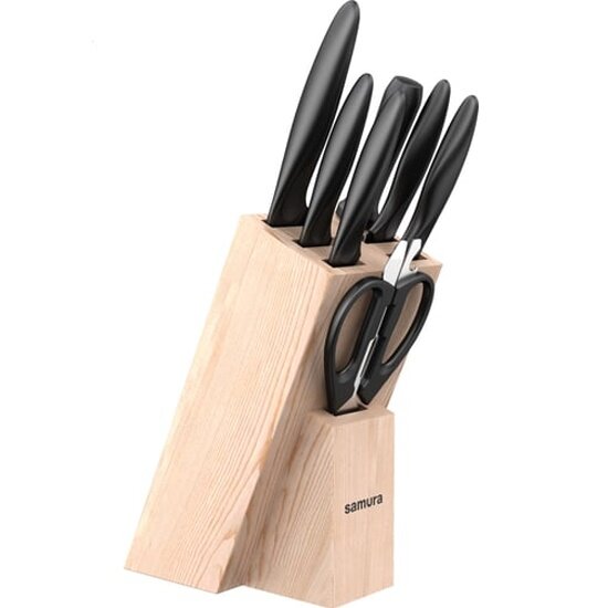 Набор из 5 ножей Samura "MOJO" 10,23,48,55,85, мусата, ножниц и подставки, чёрный (SMJ-0280B/K)
