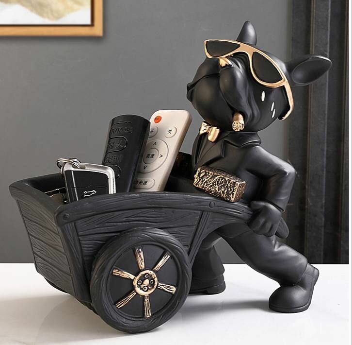Статуэтка интерьерная французский бульдог с тачкой в современном стиле, декоративная подставка для мелочей, конфетница, собака с подносом