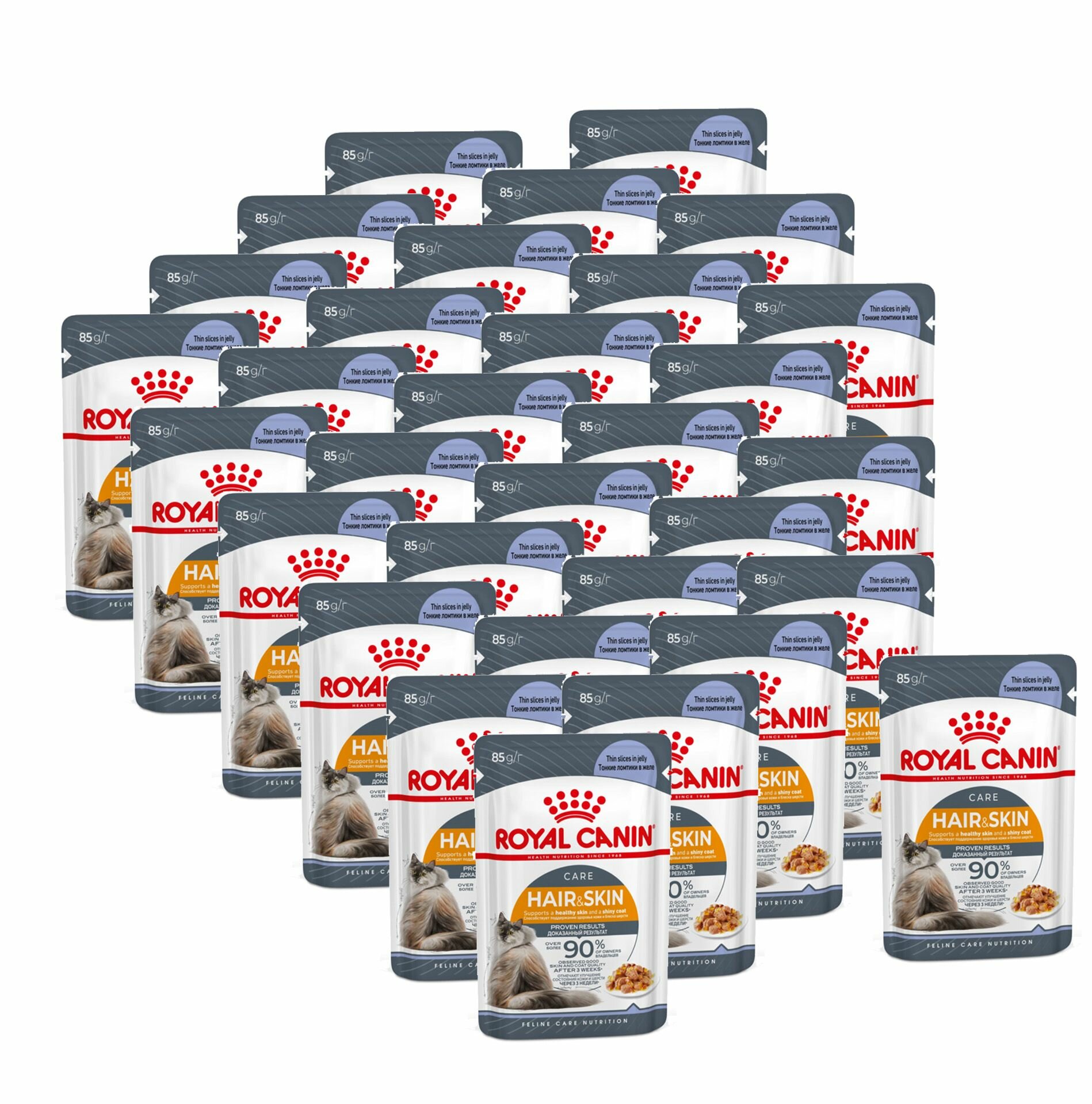 Royal Canin Hair&Skin Care влажный корм для взрослых кошек, для поддержания здоровья кожи и красоты шерсти, тонкие ломтики в желе, в паучах - 85 г х 32 шт.