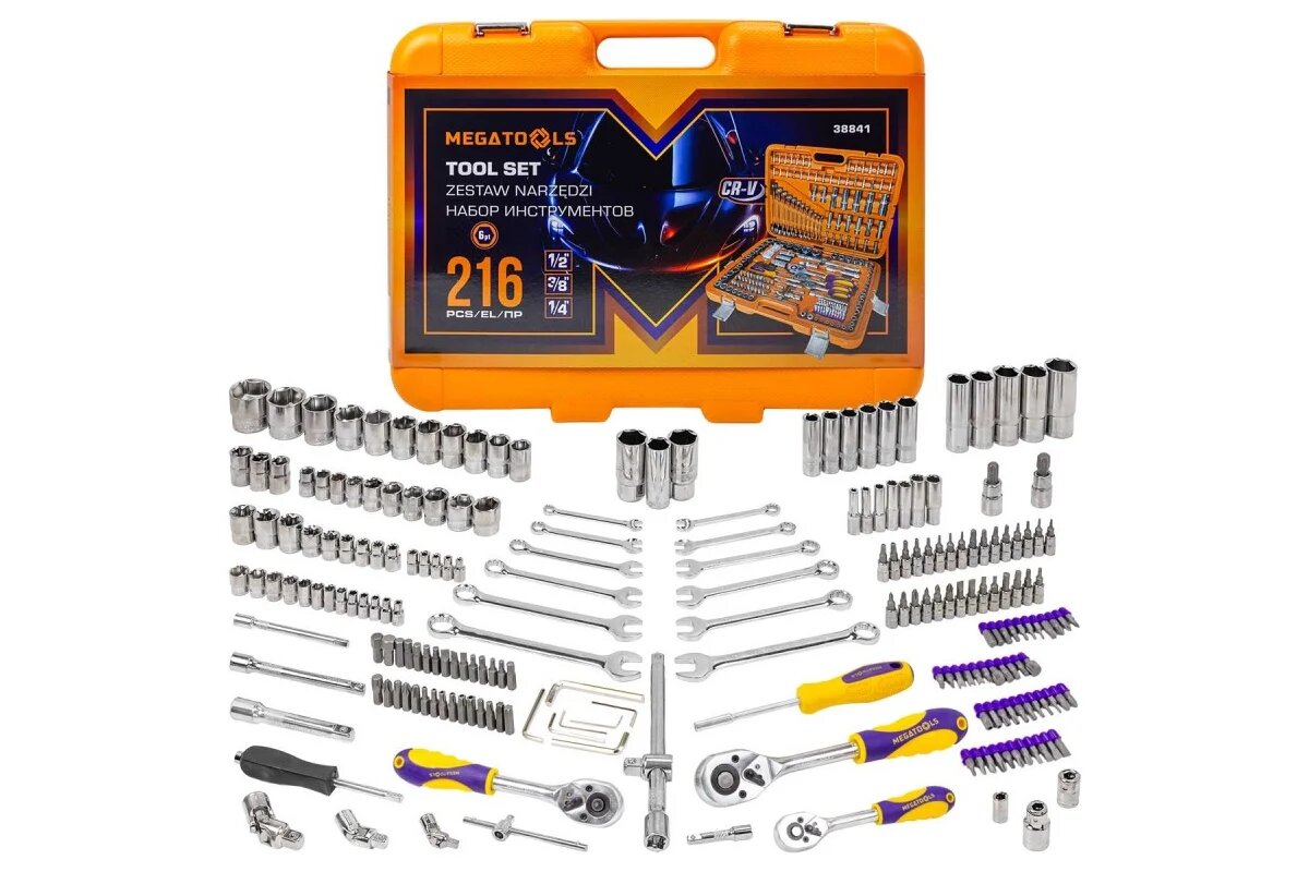 MEGATOOLS Набор инструментов 216 предметов 1/4'3/8'1/2'(6гр.)(4-32мм) в пласт. кейсе MT-38841(58198)