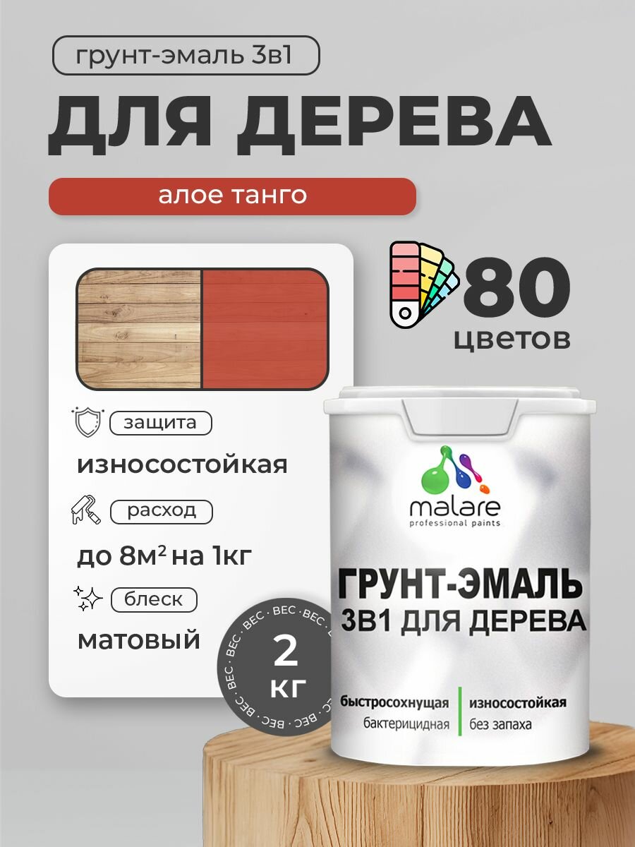 Акриловая Грунт-Эмаль 3 в 1 Malare для деревянных поверхностей/ краска по дереву с антисептическим эффектом/ быстросохнущая моющаяся без запаха матовая, алое танго, 2 кг