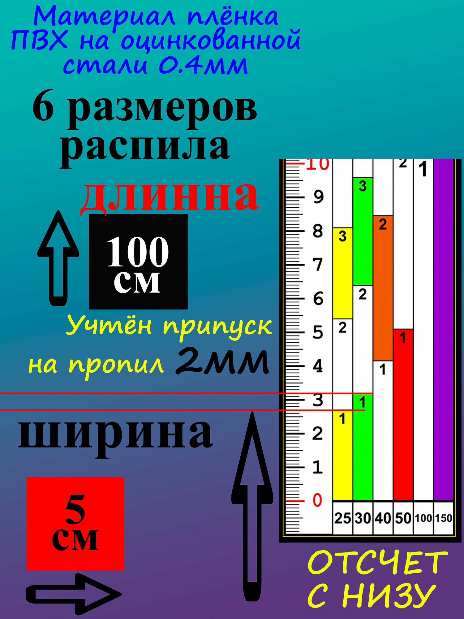 Линейка для пилорамы 100см 6размеров 2мм пропил обратная на оцинкованной стали 0,4мм