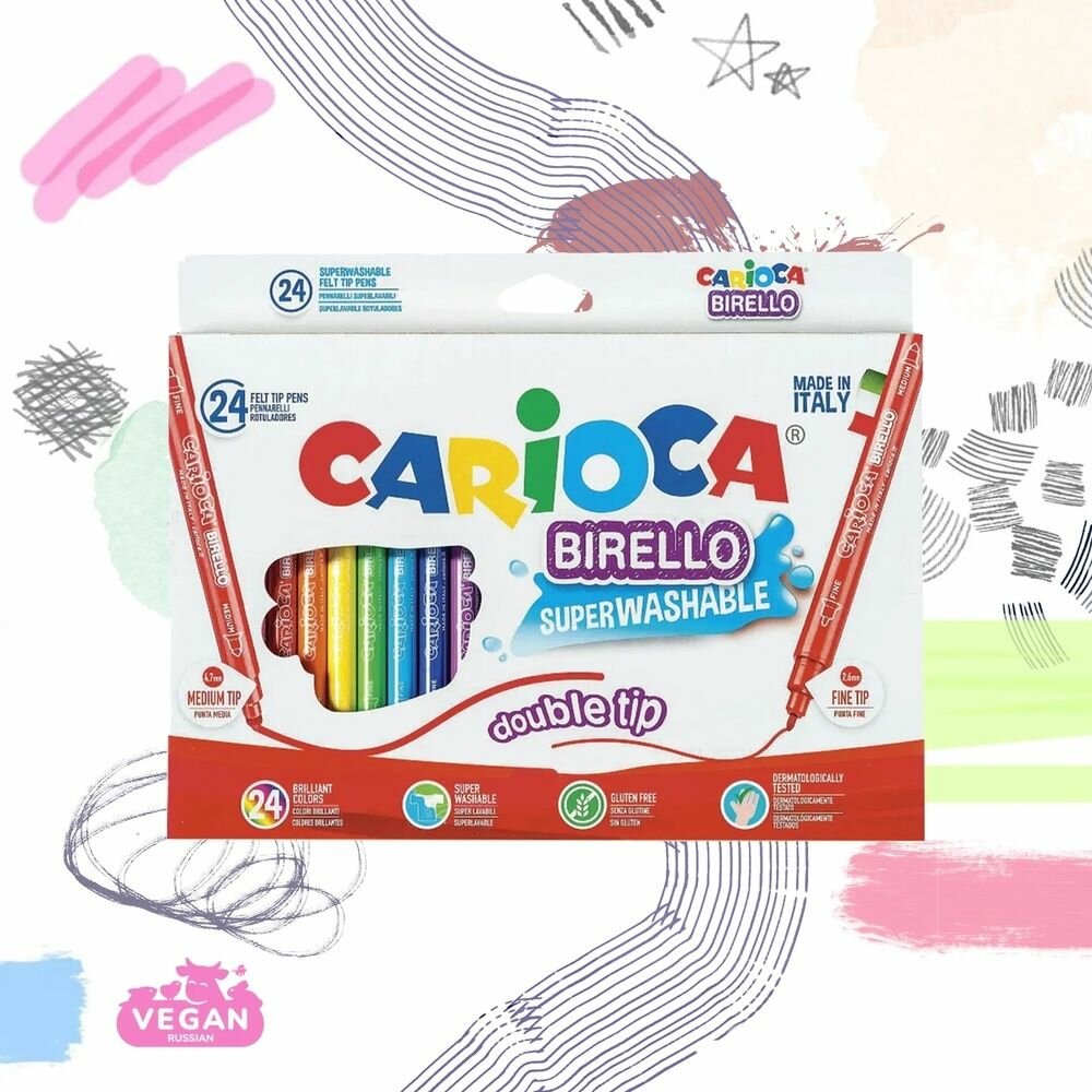 Фломастеры двухсторонние Carioca "Birello", 24 цвета, суперсмываемые (41521)