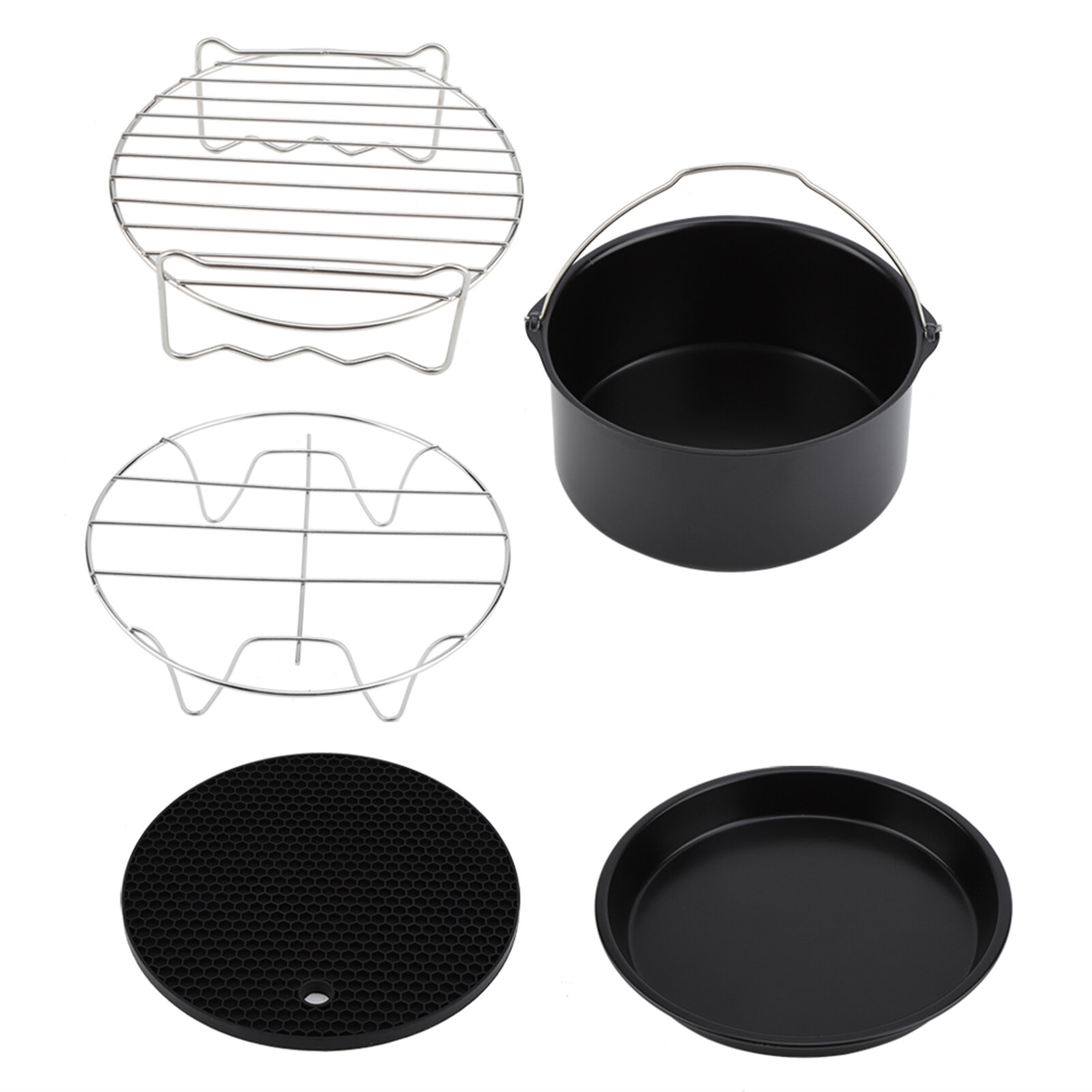 Набор аксессуаров для фритюрницы 7 дюймов 5 штук/набор: пицца-лепешка, баррель для торта, металлический держатель, силиконовая мат, решетка для шпажек, черный цвет, материал металл и силикон, вес 818г, совместим с большинством фритюрниц, инструменты для