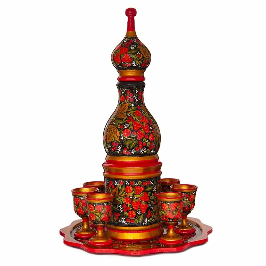 Набор для водки и настойки 6 бокалов, футляр и поднос Матреша Хохлома