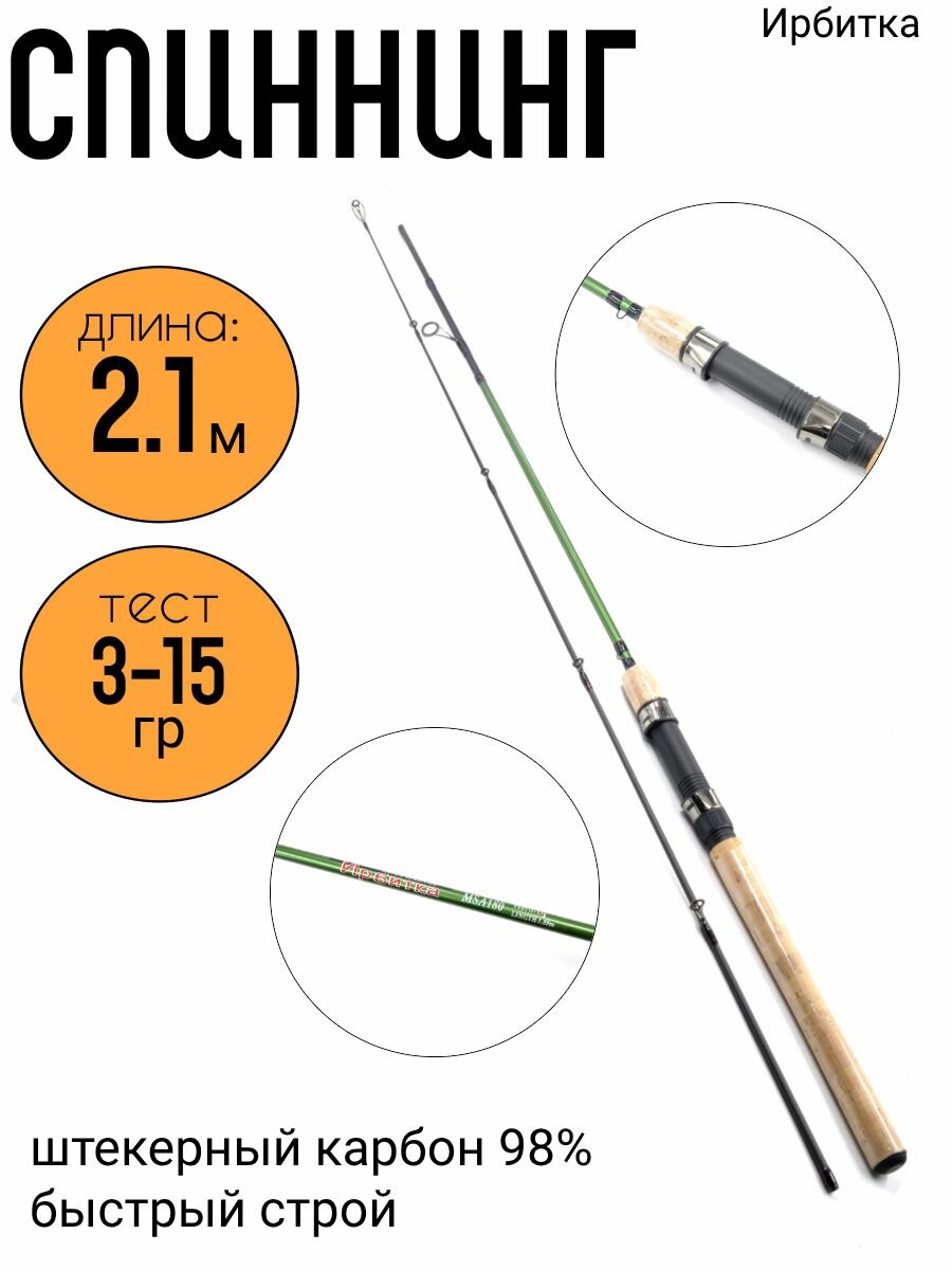 Спиннинг Ирбитка штекерный карбон 98% тест 3-15гр. 2,1м кольца сиг; быстрый строй