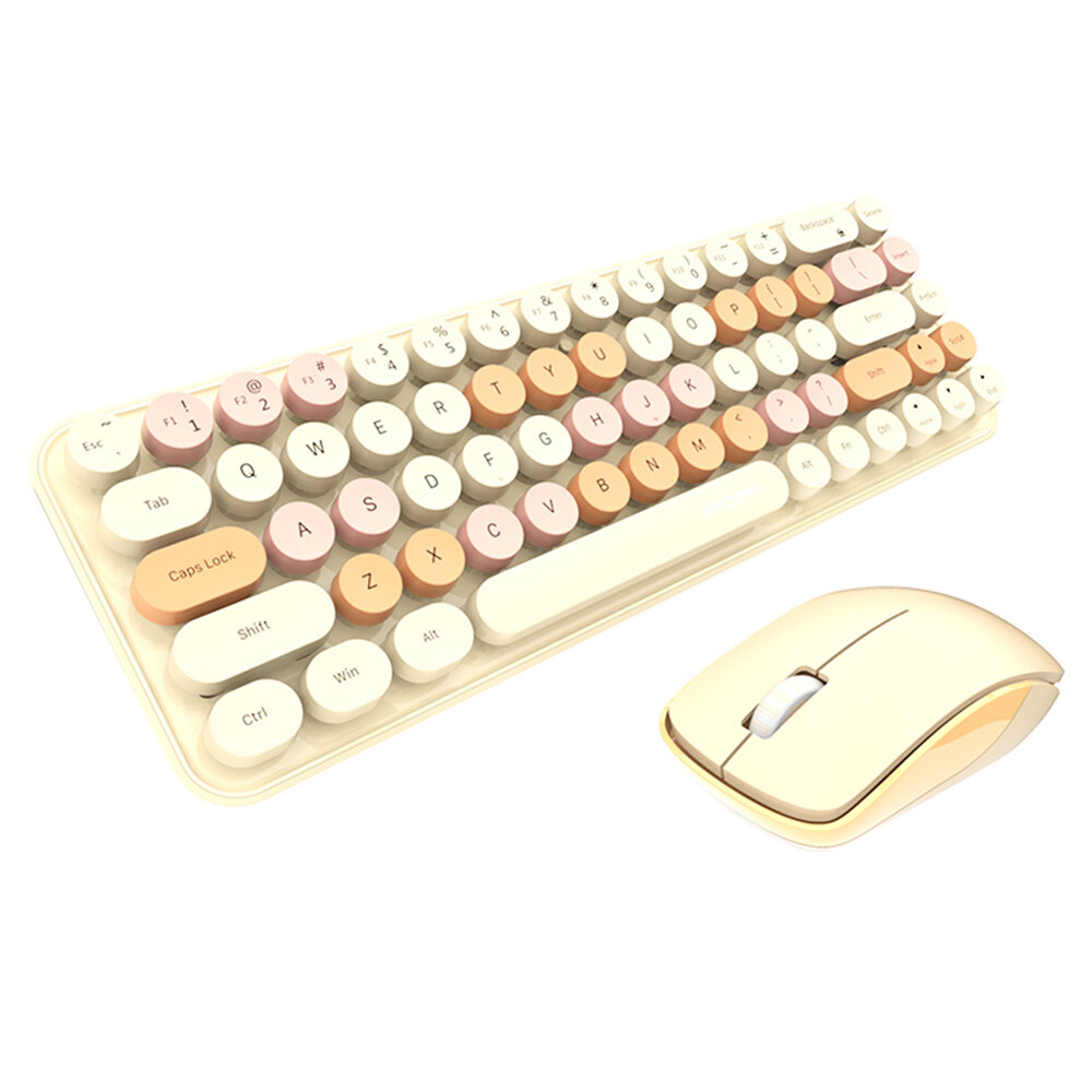Комплект беспроводной клавиатуры 2.4G 68 клавиш круглые ретро для настольного компьютера ноутбука устройства 3 режима регулировки DPI Желтый