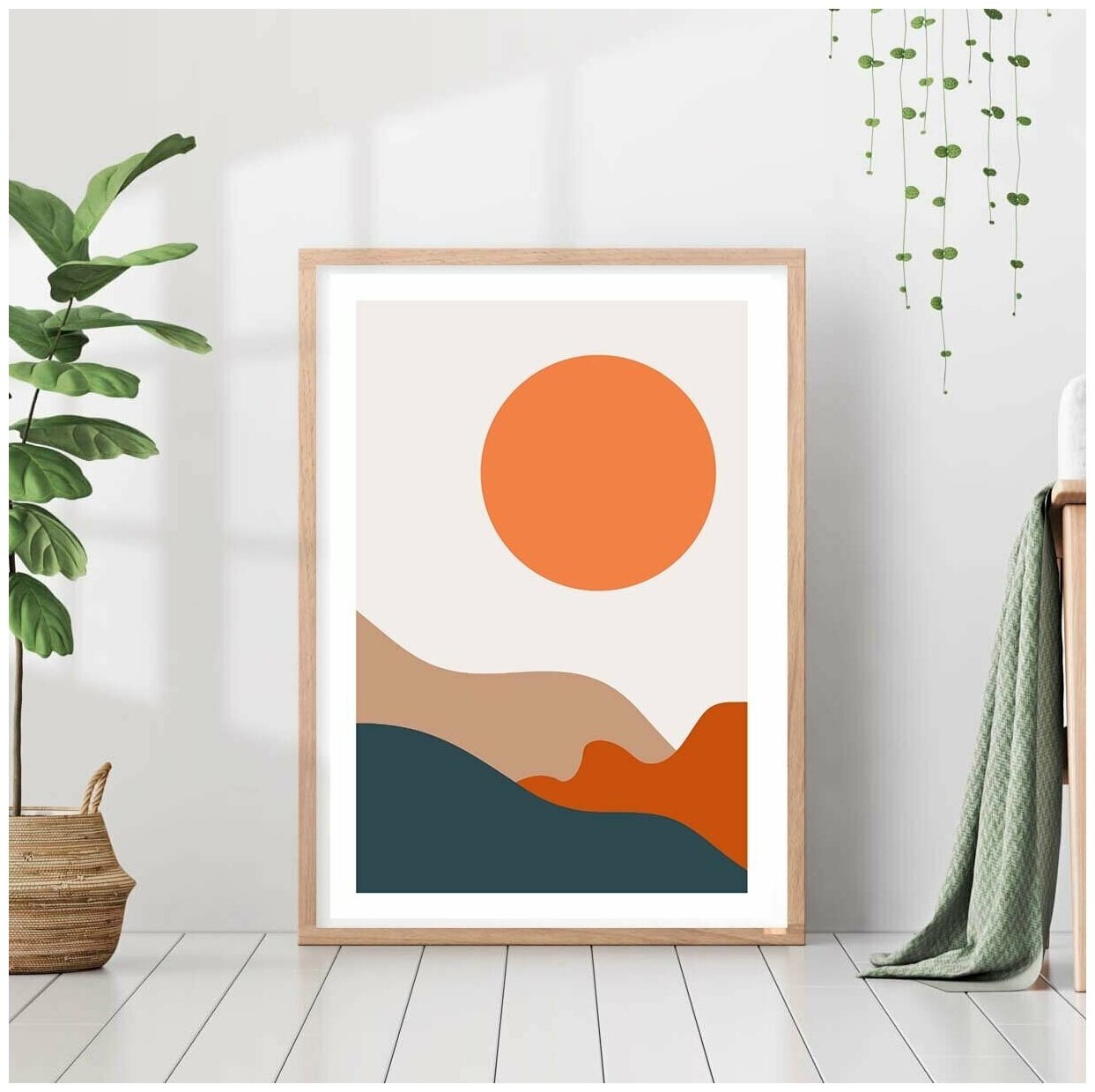 Постер "Абстракция в стиле бохо, солнце над горами" 40x50 без рамки на стену для интерьера