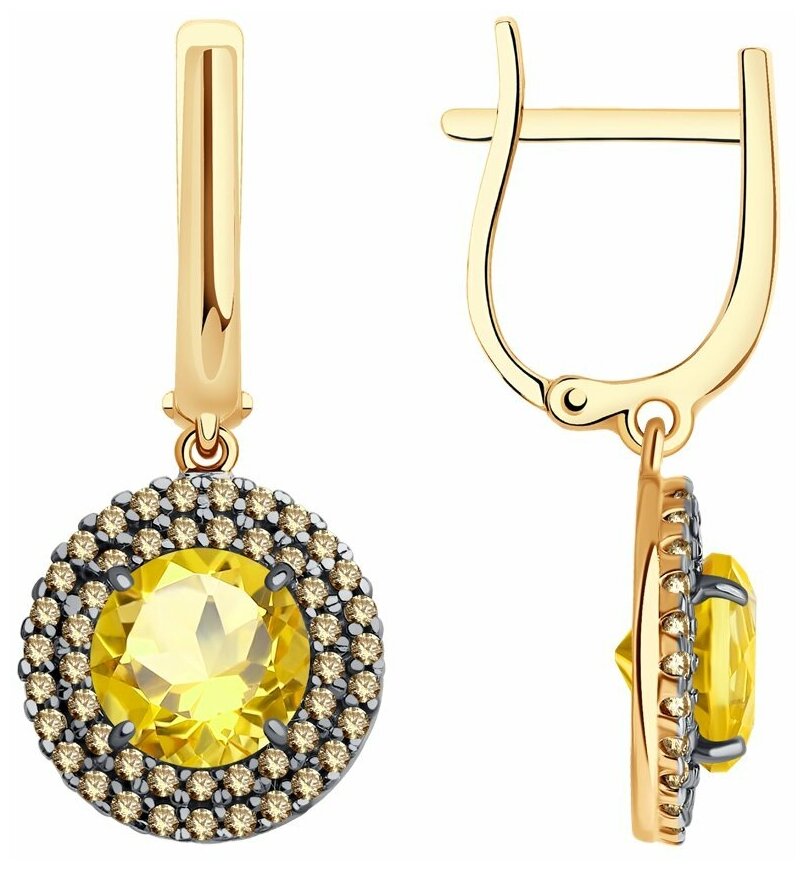 Серьги с подвесками, красное золото, 585 проба, цитрин, фианит