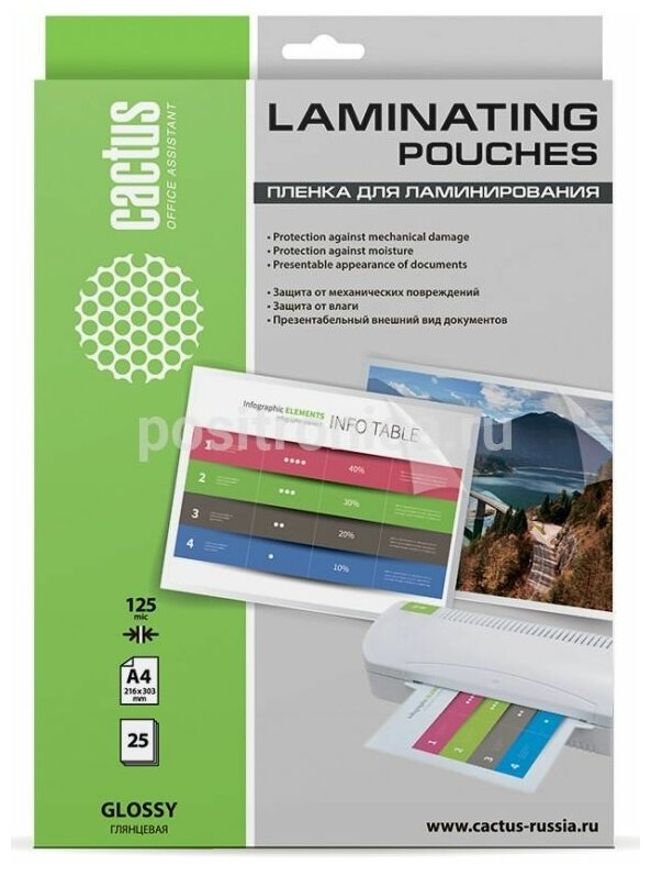 Пленка для ламинирования Cactus 125мкм A4 (25 штук) глянцевая 216x303мм CS-LPGA412525