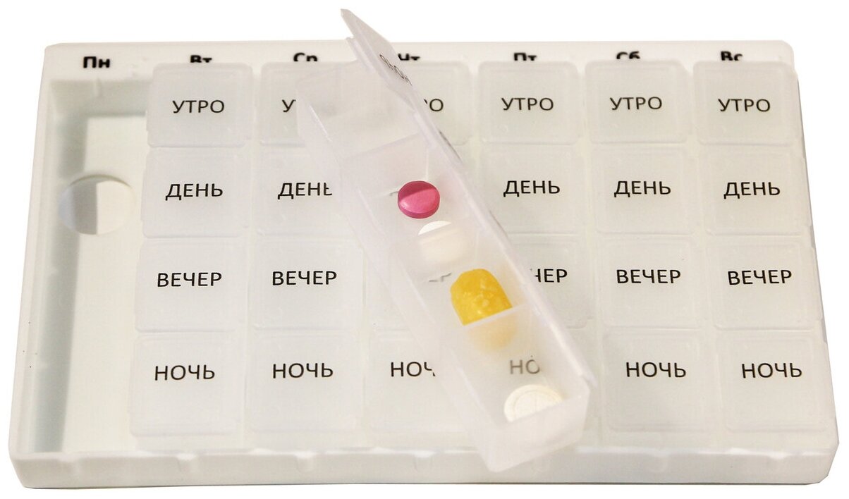 Таблетница/контейнер для лекарств 7 дней утро/день/вечер/ночь / Таблетница-органайзер / Таблетница на день / Контейнер для лекарств 28 секция, 7 дней