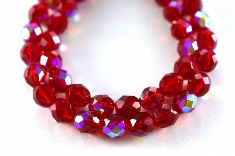 Бусины граненые Firepolish 8мм, отверстие 1мм, цвет 90080 сиамский рубин АВ, 716-005, 1 нить (около 25шт)