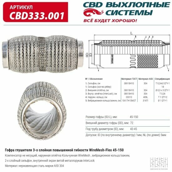 Гофра глушителя Cbd WireMesh-Flex 45-150, повышенной гибкости, 333.001