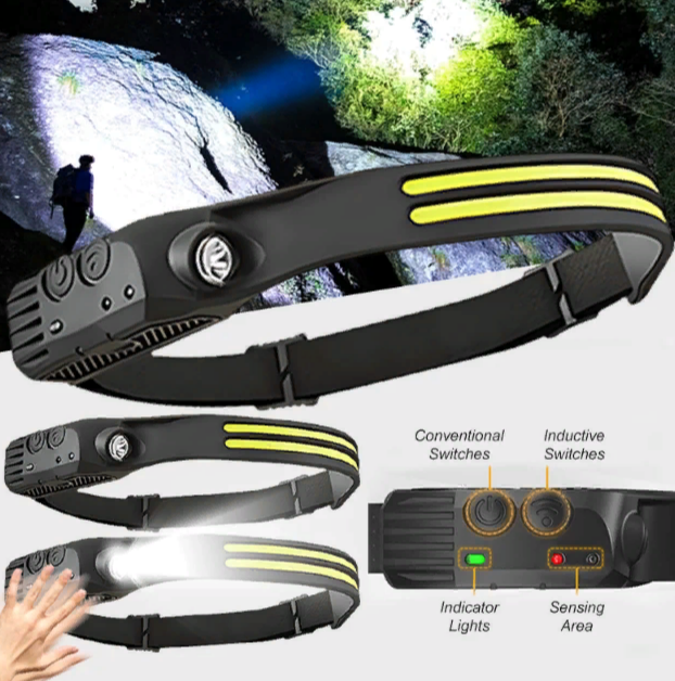 Налобный фонарь аккумуляторный 2 полосы, мощный, светодиодный, влагозащитный, включение взмахом
