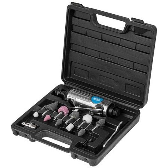 Dgm Пневмошлифмашина прямая DTG-2502 с набором шарошек (25000 об/мин, 115 л/мин, Цанги:3 мм/6 мм, 10 шлифкамней, Чемодан)