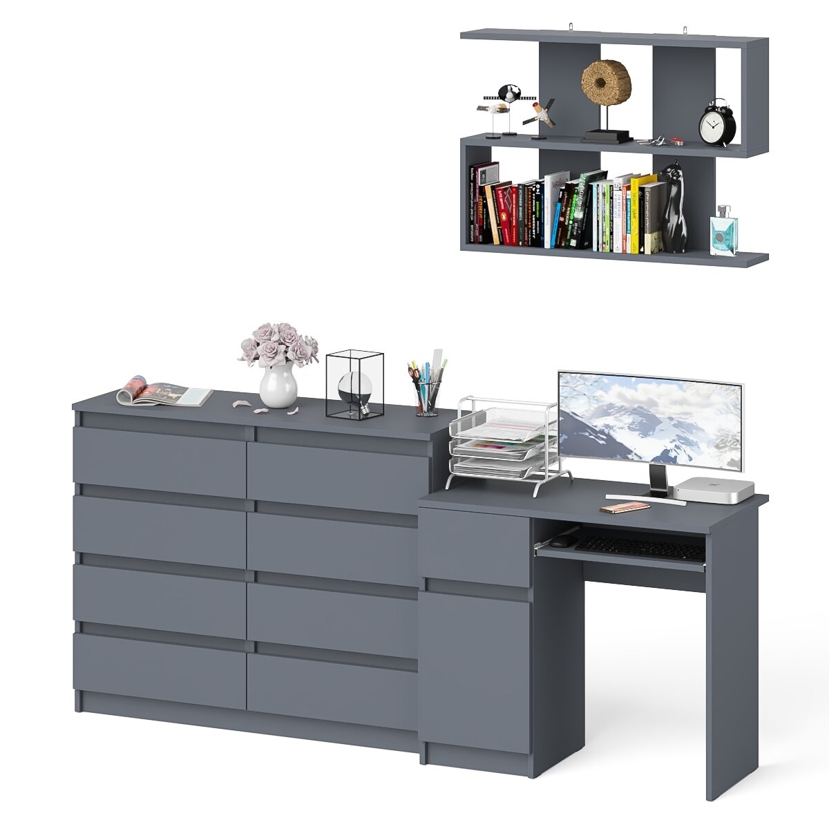 Комод на восемь ящиков СВК МК1200.8 Мори с компьютерным столом левый и полкой графит