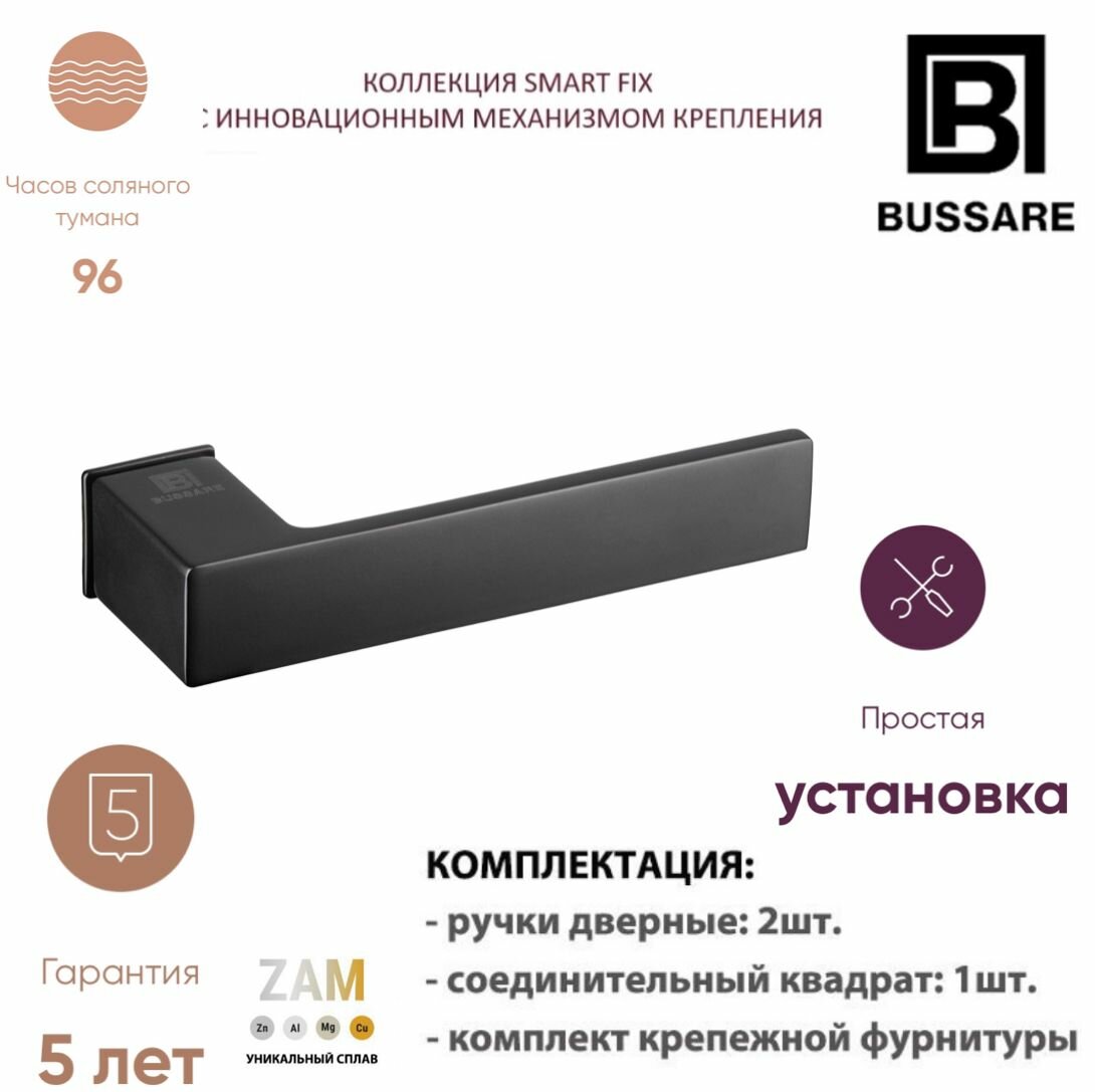 Ручка для межкомнатных дверей RIMA BLACK (черная матовая) с системой SMART FIX на квадратной накладке