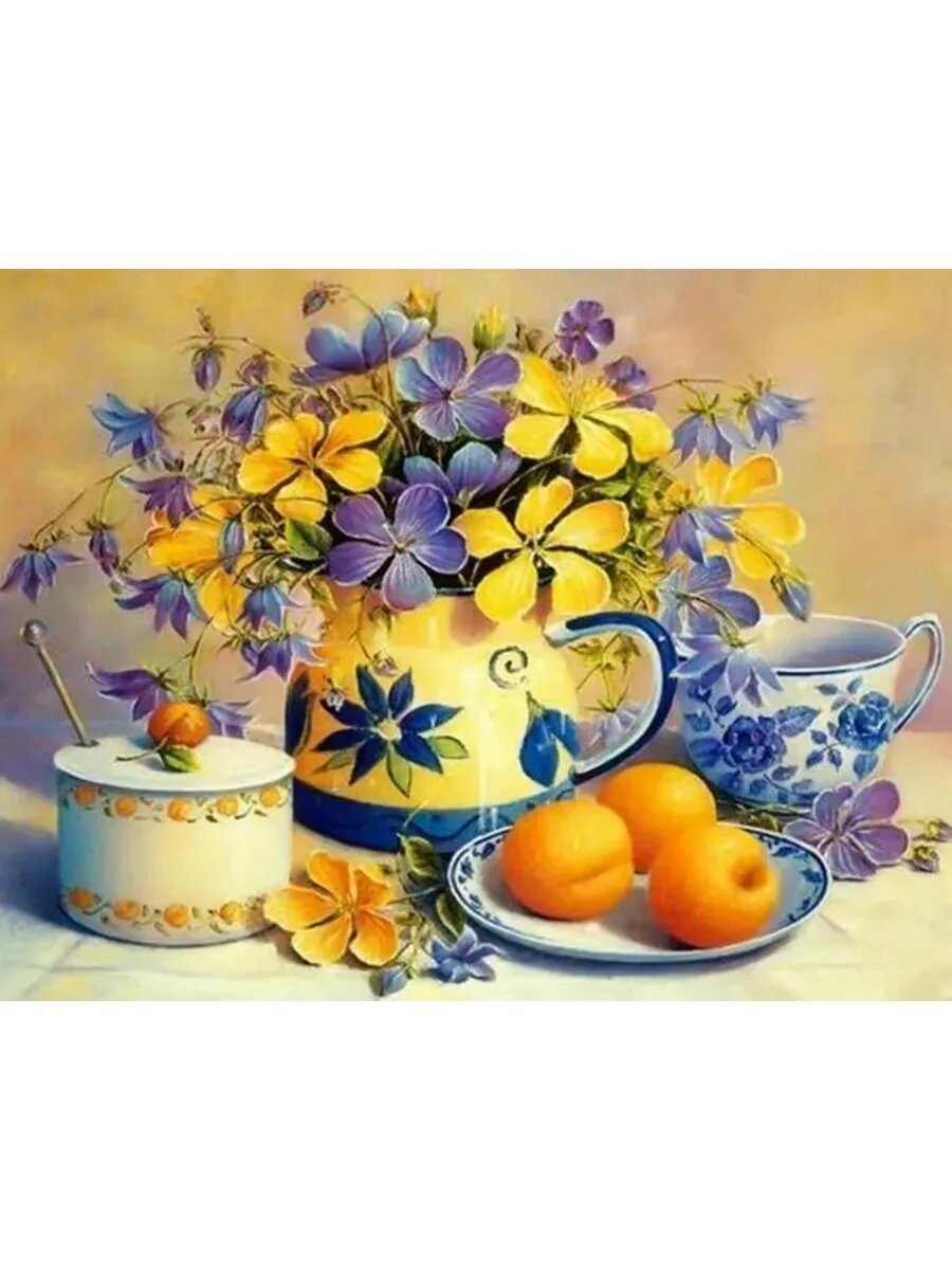 Алмазная мозаика на подрамнике/Картина стразами "Чаепитие. Натюрморт", 30х40 см, сложность 5, цветов 20