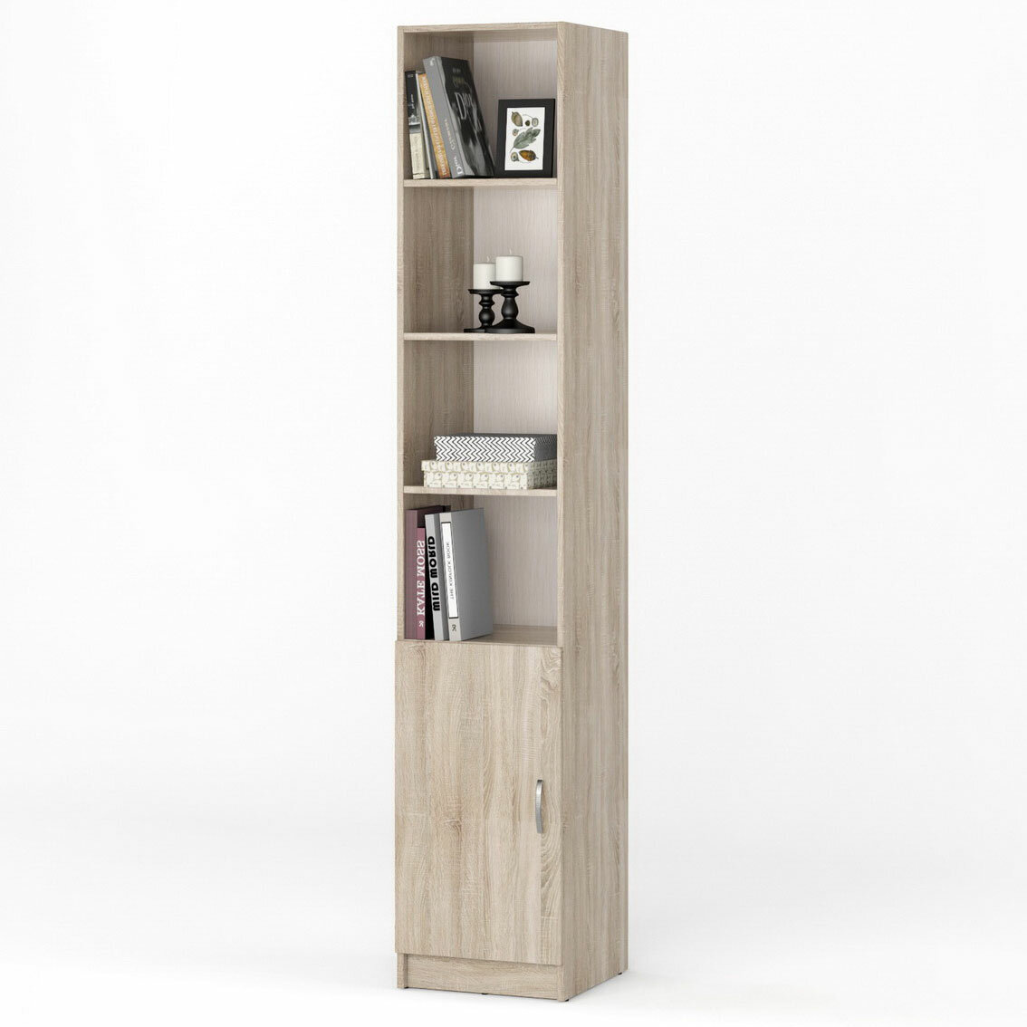 Узкий шкаф-пенал 40 см с полочками для книг и документов МагМебель В34 дуб сонома