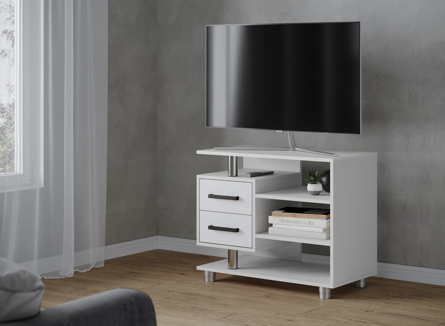 Тумба ARNIKA 011, под телевизор, узкая, белая, с ящиками, 66,5x79,8x37,9 см
